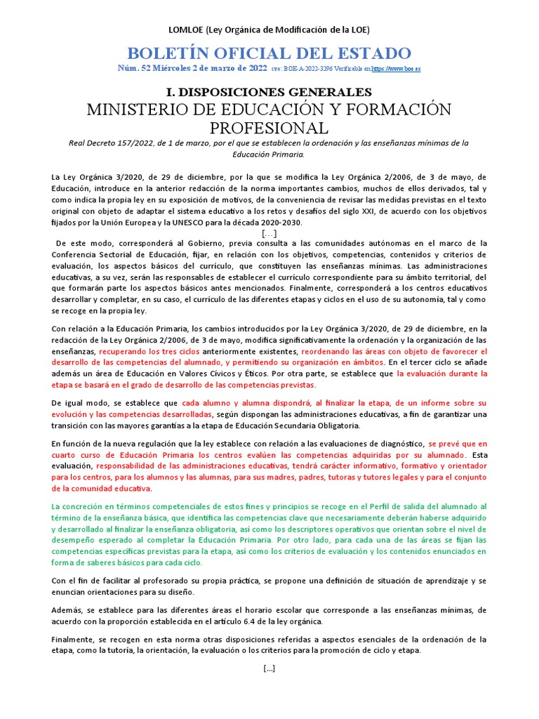 LOMLOE 2022 Resumen | PDF | Educación primaria | Plan de estudios