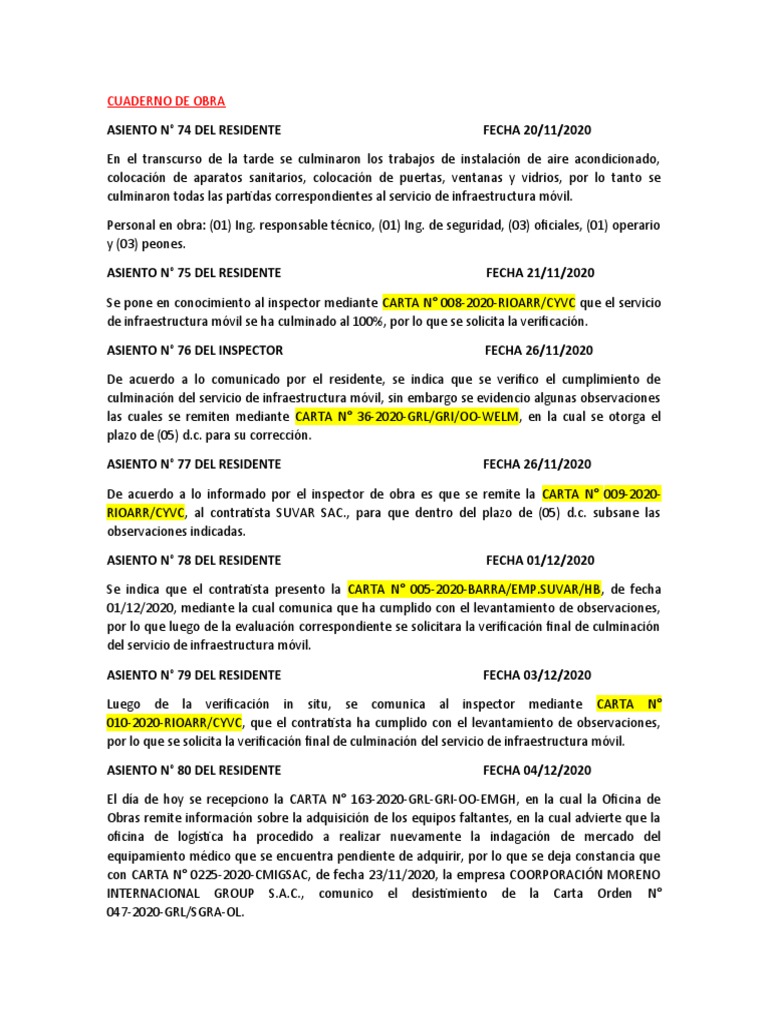 Asientos Del Cuaderno de Obra Final - 1 | PDF