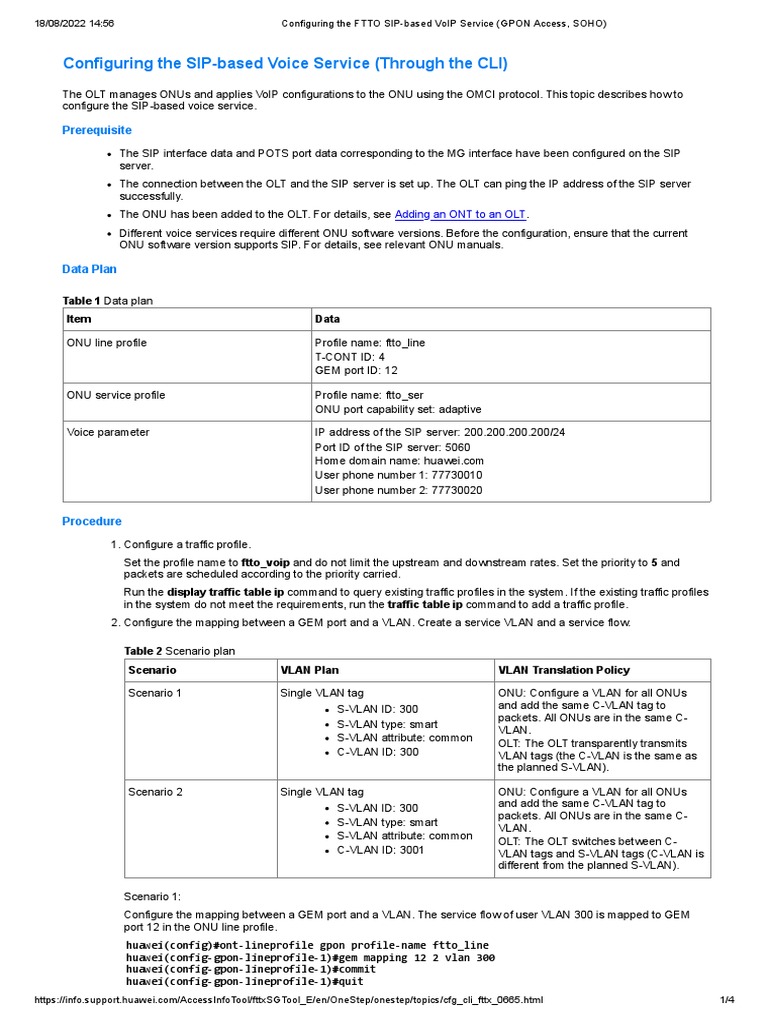Configuring The FTTO SIP-based VoIP Service (GPON Access, SOHO) | PDF | Session Initiation ...