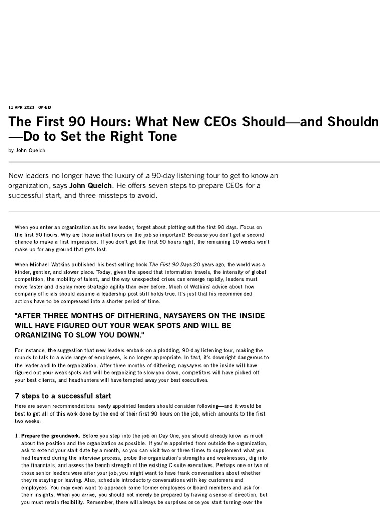 The First 90 Hours - What New CEOs Should-And Shouldn't-Do To Set The ...