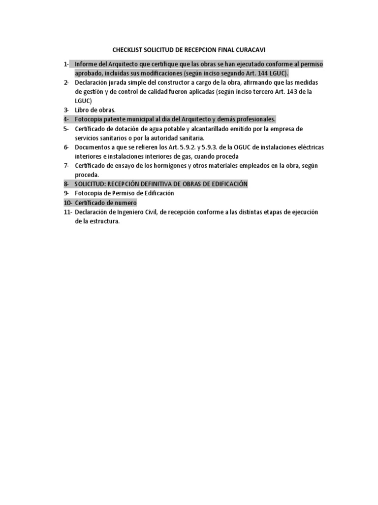 Checklist Solicitud de Recepcion Final Curacavi | PDF