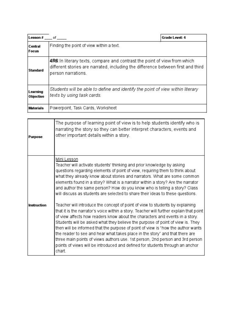 Point of View Lesson Plan | PDF | Narration | Lesson Plan