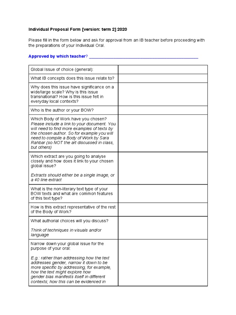 Individual Oral Proposal Form (Version - Term 2) IO IB | PDF | Art