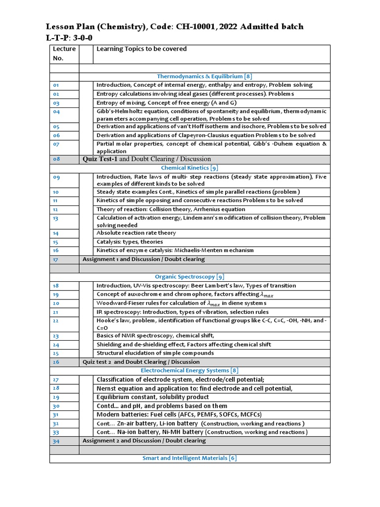 Lesson Plan (Chemistry), Code: CH-10001, 2022 Admitted Batch L-T-P: 3-0-0 | PDF | Chemical ...