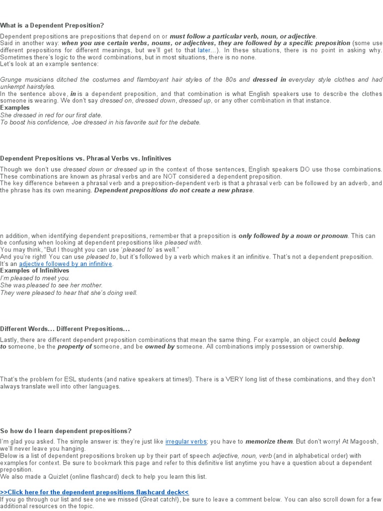 ESL Guide to Dependent Prepositions | PDF | Preposition And ...