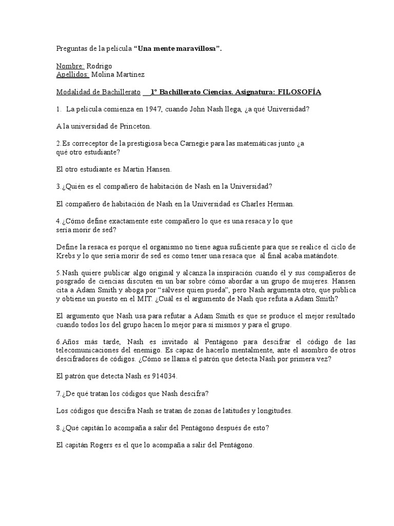 Preguntas de La Película Una Mente Maravillosa | PDF | Verdad