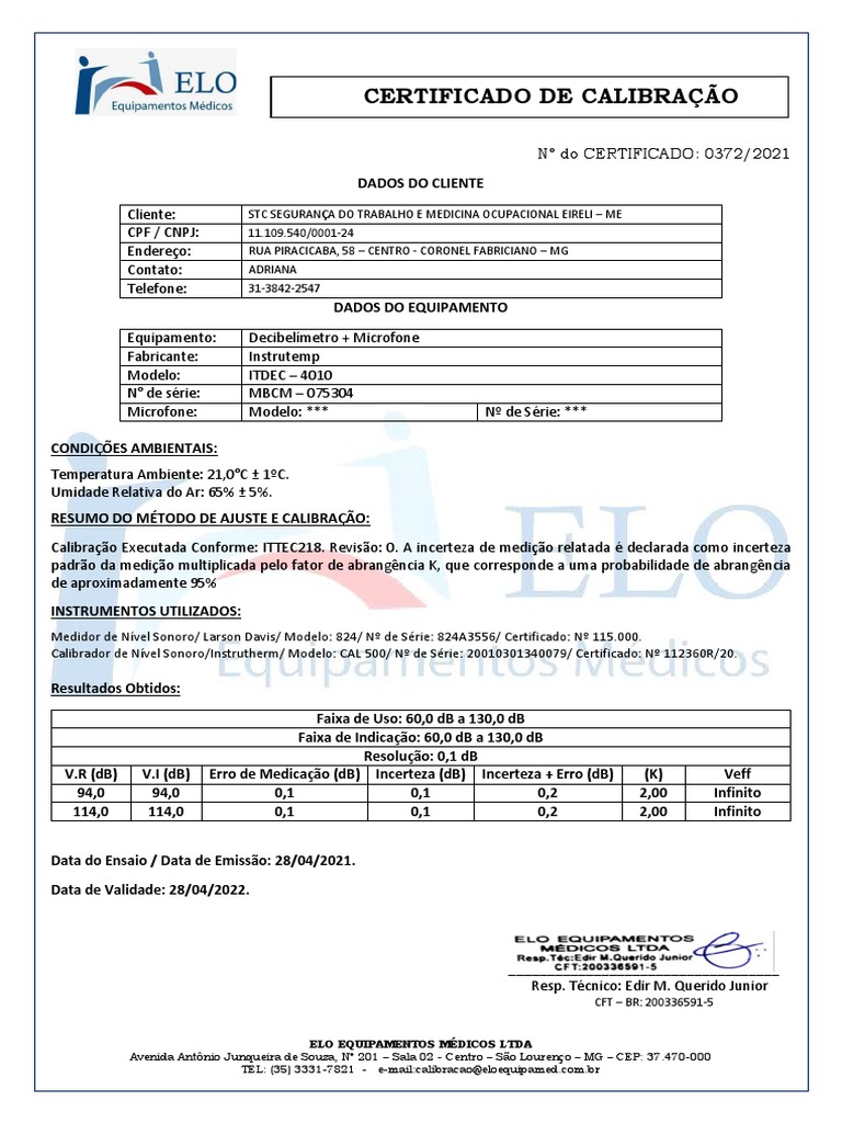 0372 21 - Certificado Decibelímetro - STC Segurança Do Trabalho e ...