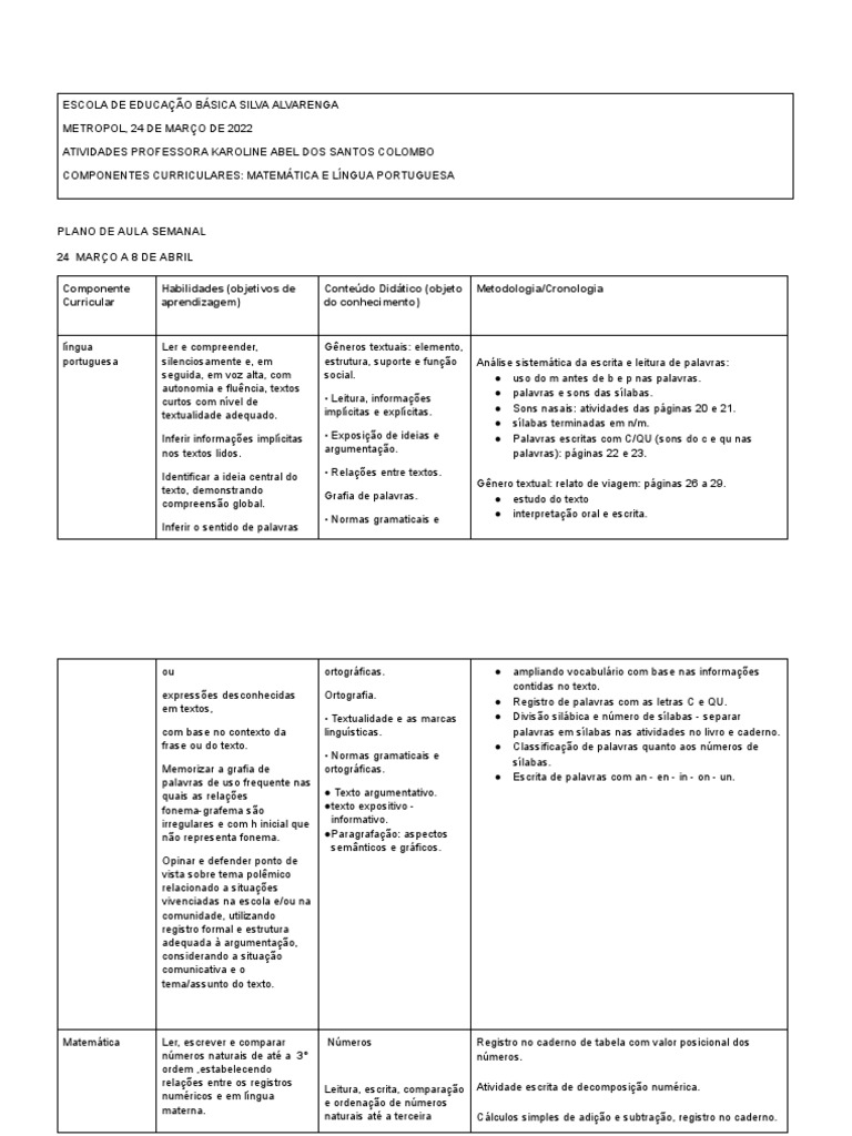 Plano de Aula 3 Ano BNCC | PDF | Palavra | Paisagem
