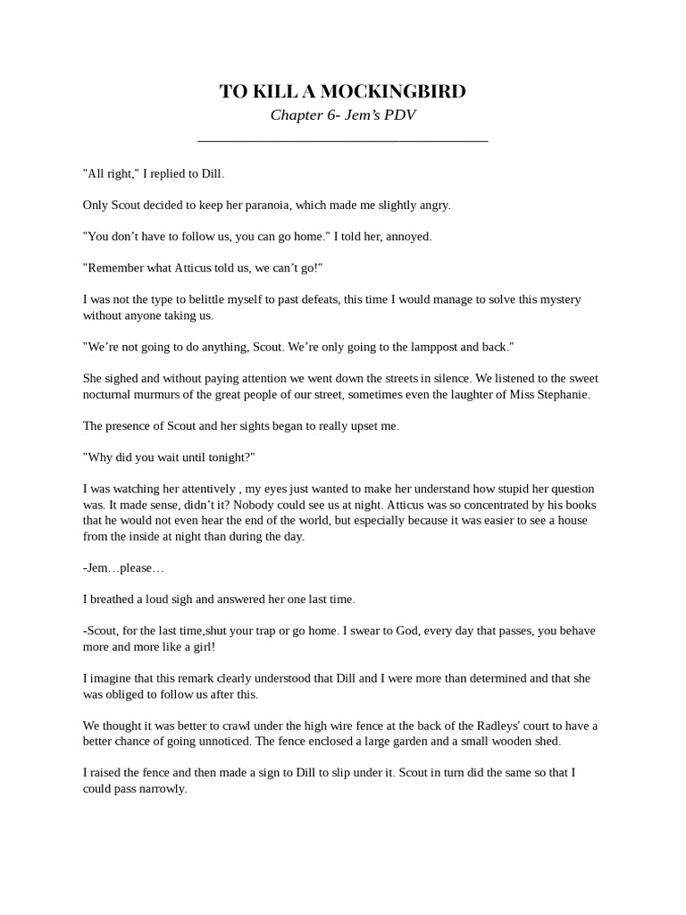 To Kill A Mockingbird: Chapter 6-Jem's PDV | PDF | To Kill A Mockingbird