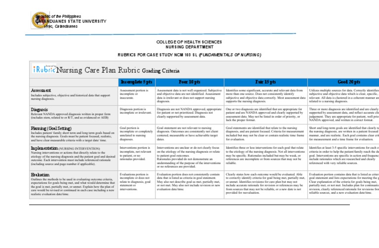 Rubrics NCP NCM 103 SL Funda VS | PDF | Nursing | Medical Diagnosis