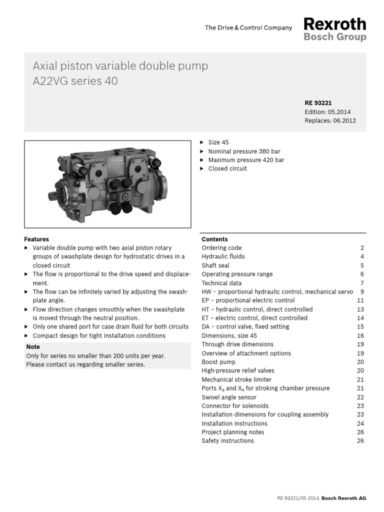 Axial Piston Variable Double Pump A22VG Series 40: RE 93221/05.2014 ...