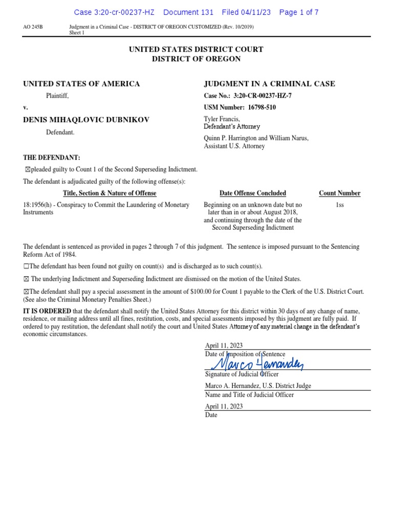 Dubnikov's Sentence | PDF | United States Federal Probation And ...
