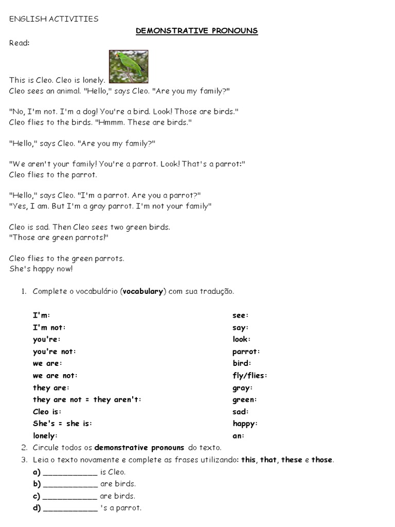 Learn English demonstrative pronouns with a story about Cleo the parrot ...