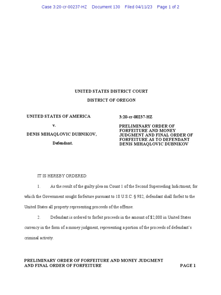 Dubnikov's Forfeiture | PDF | Asset Forfeiture | Judgment (Law)