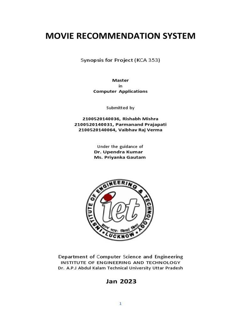 Movie Recommendation System Synopsis For Project Kca 353 Pdf Cluster Analysis Software