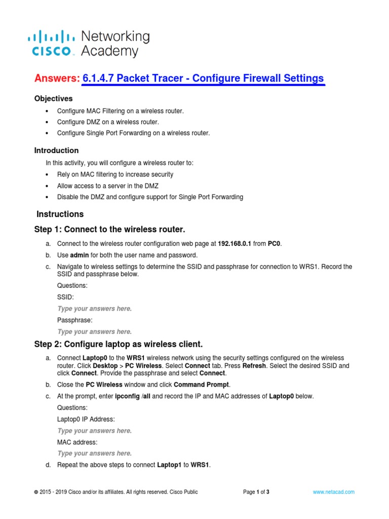 6.1.4.7 Packet Tracer - Configure Firewall Settings | PDF | Router (Computing) | Port (Computer ...
