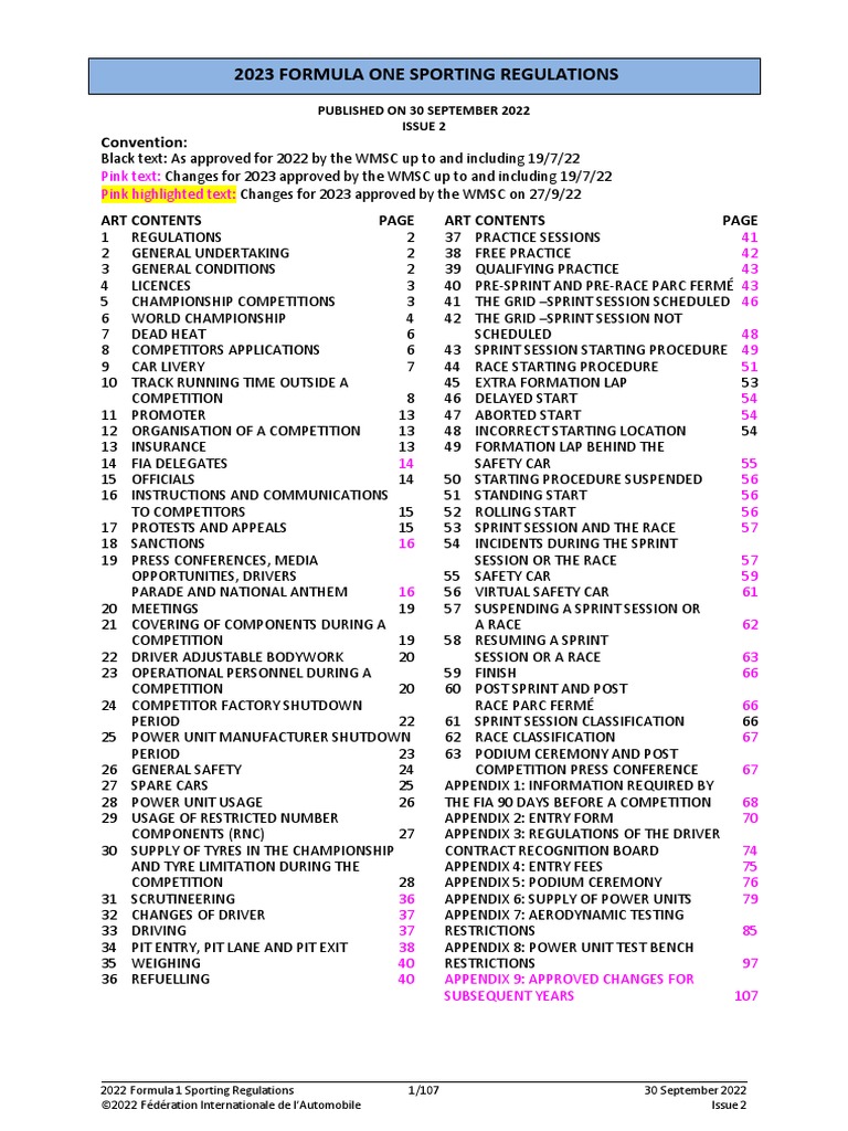 Fia 2023 Formula 1 Sporting Regulations - Issue 2 - 2022-09-30 | PDF ...