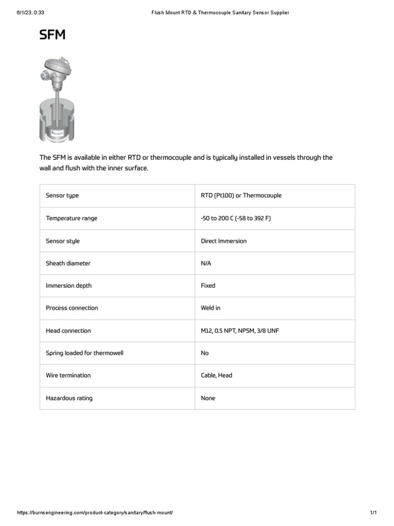 Flush Mount RTD & Thermocouple Sanitary Sensor Supplier | PDF