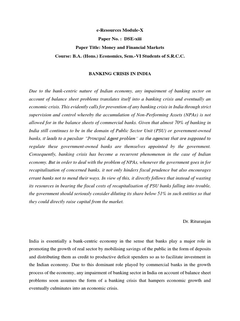 Banking Crisis in India | PDF | Banks | Bank Run
