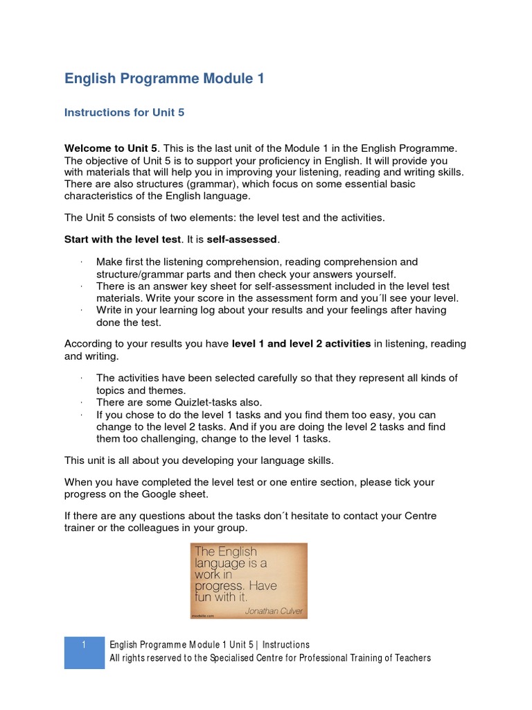 English Proficiency Unit 5 Guide | PDF | Reading Comprehension | Learning