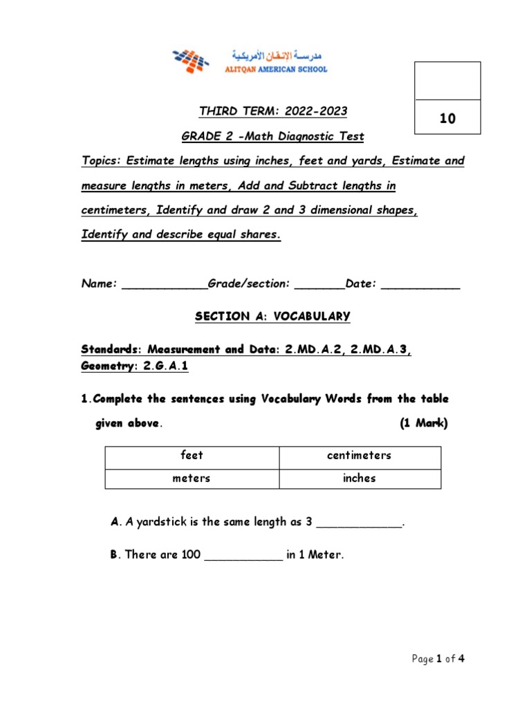 Grade 2-Term 3-Diagnostic Test | PDF | Science & Mathematics