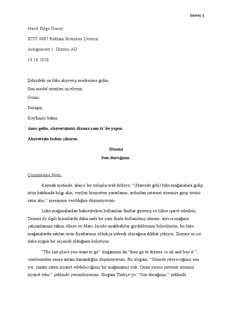 Hazel Bilge Güney ETIT 4007 Reklam Metinleri Çevirisi Assignment 1 ...
