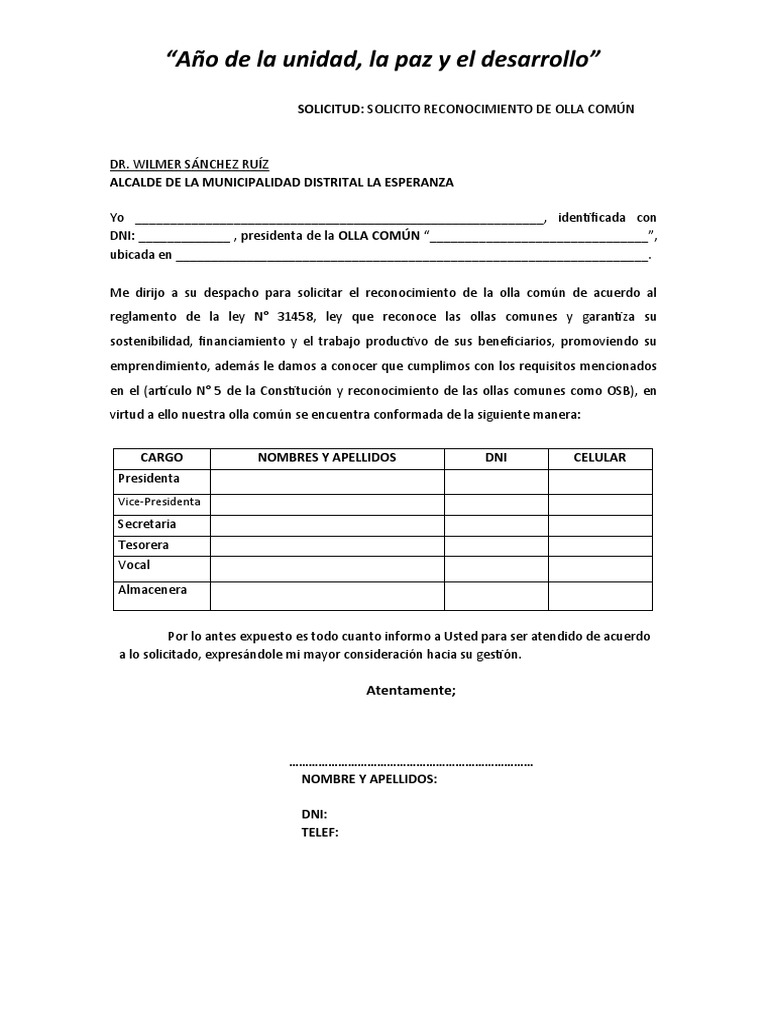 Solicitud de reconocimiento de olla común ante la municipalidad para obtener apoyo y ...