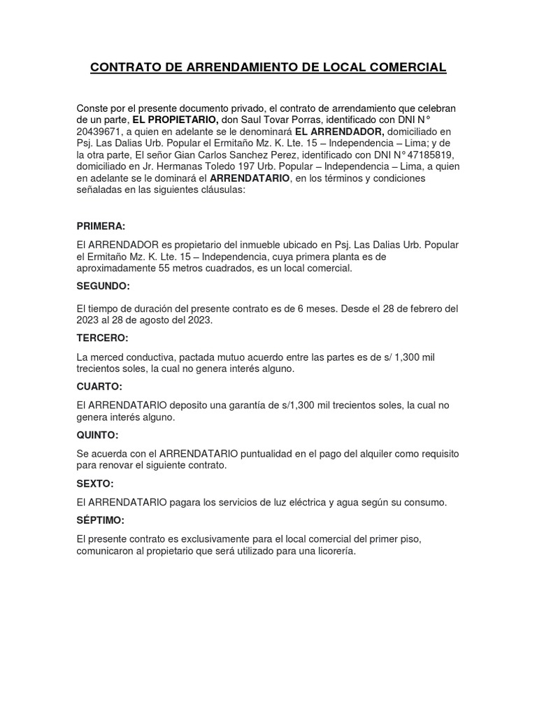 Contrato de Arrendamiento Local Comercial | PDF