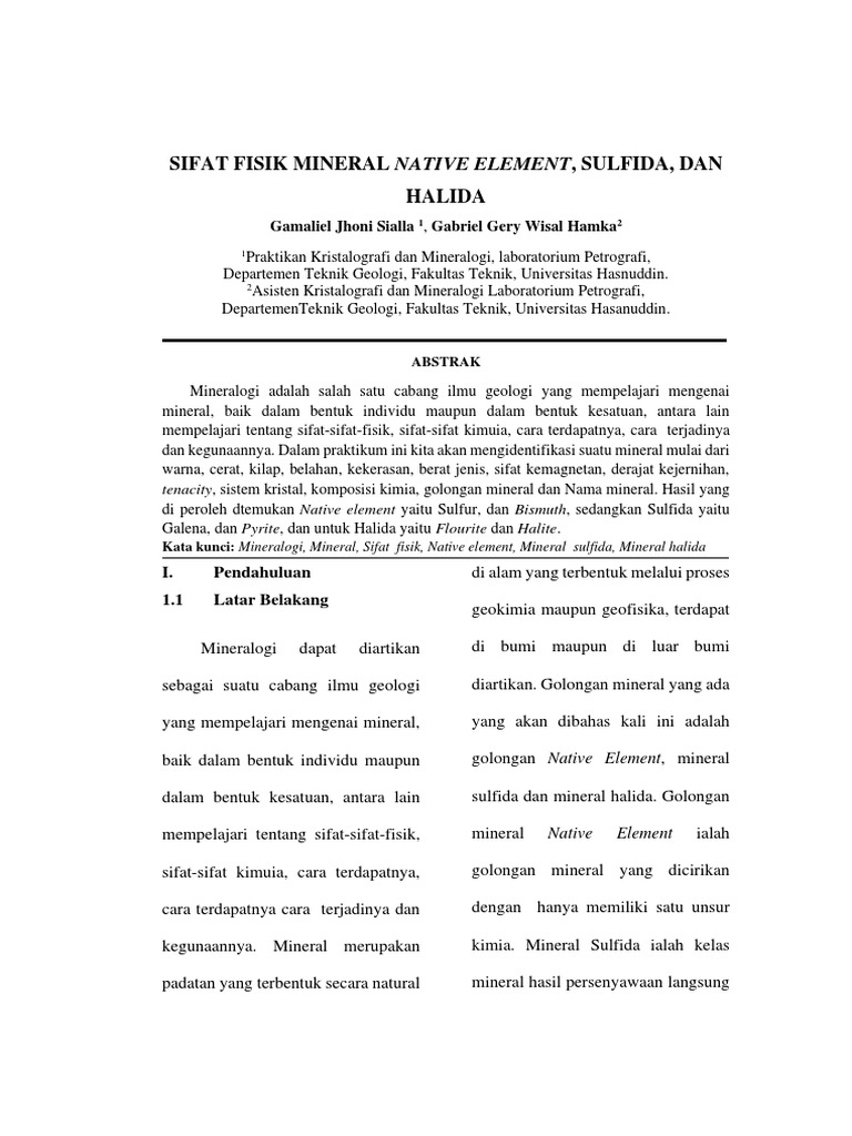Sifat Fisik Mineral Native Element, Sulfida, Dan Halida: Gamaliel Jhoni ...
