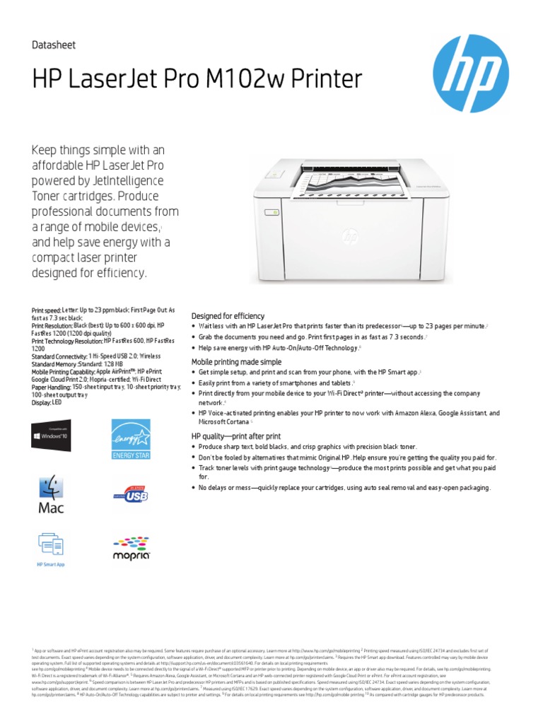 HP Laserjet Pro M102W Printer: Datasheet | Download Free PDF | Printer (Computing) | Microsoft ...