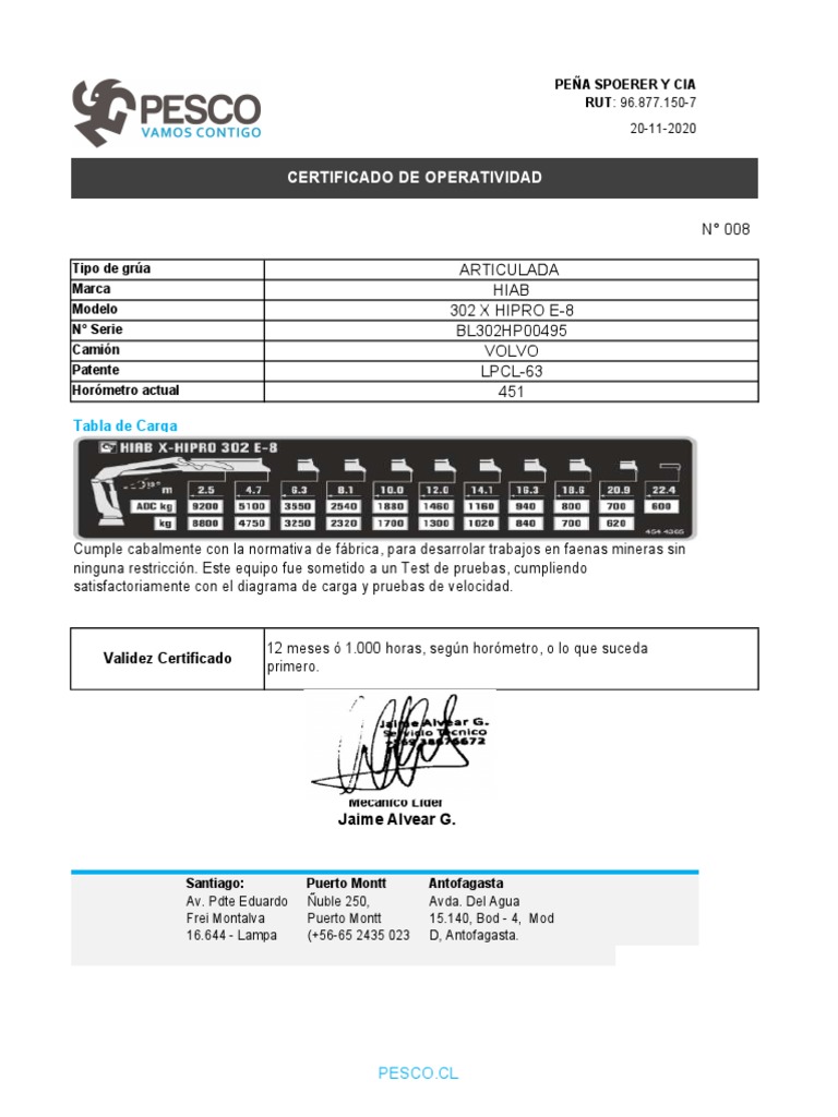 Certificado Operacion 008 | PDF