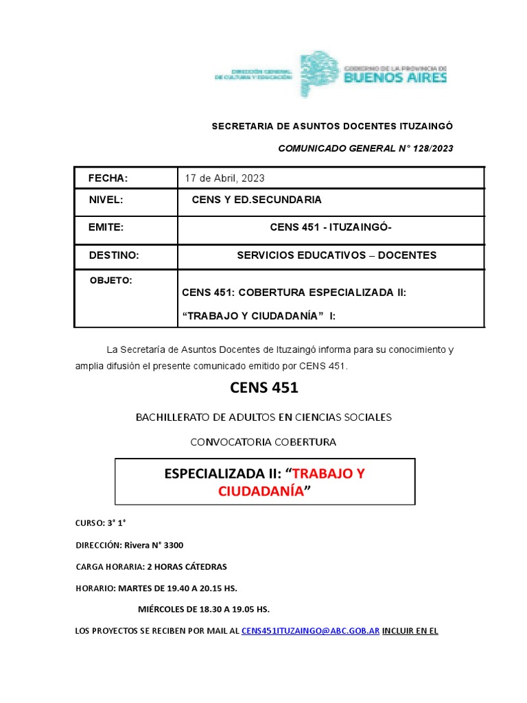 Convocatoria CENS 451: Trabajo y Ciudadanía | PDF | Derechos humanos ...