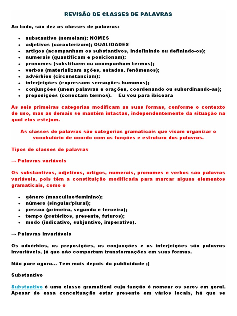 Revisão de Classes de Palavras | PDF | Pronome | Palavra