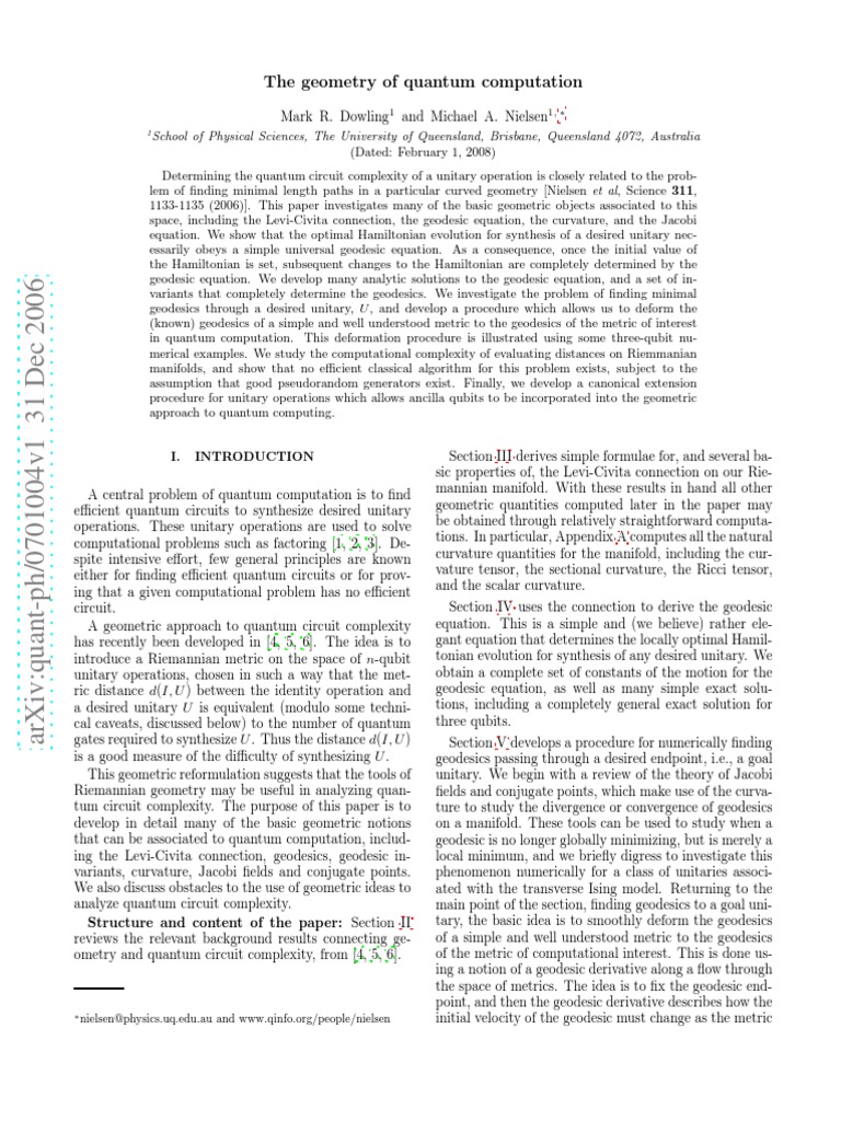 The Geometry of Quantum Computation | PDF | Geometry | Equations