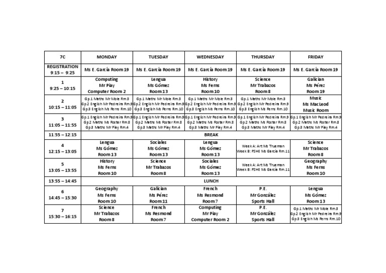 Year 7C - Timetable | PDF