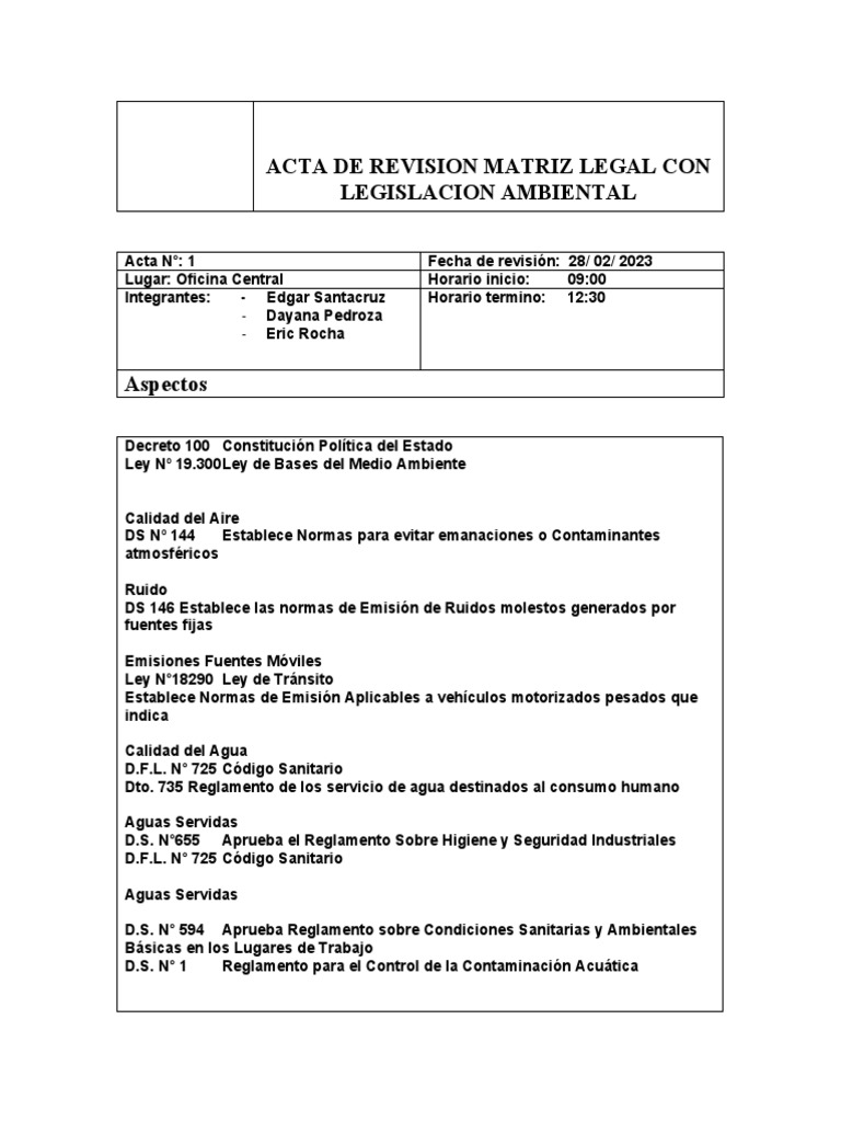 ACTA DE REVISION MATRIZ LEGAL CON LEGISLACION AMBIENTAL N° 1 | PDF ...
