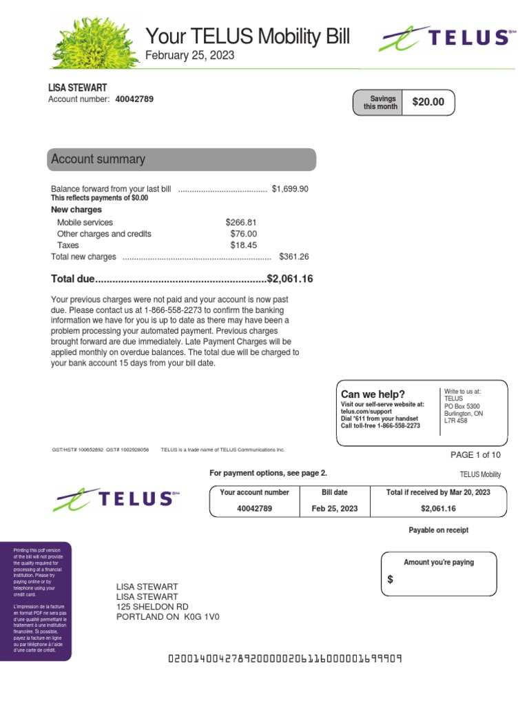 Your TELUS Mobility Bill: Account Summary | PDF | Payments | Credit Card
