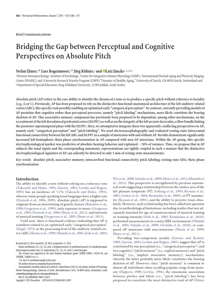 Bridging The Gap Between Perceptual and Cognitive Perspectives On Absolute Pitch | PDF | Brain ...