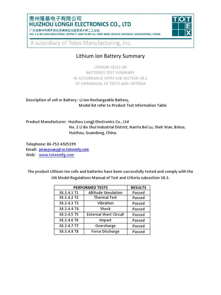 Lithium Ion Battery Test Summary and Certification for Multiple Battery ...