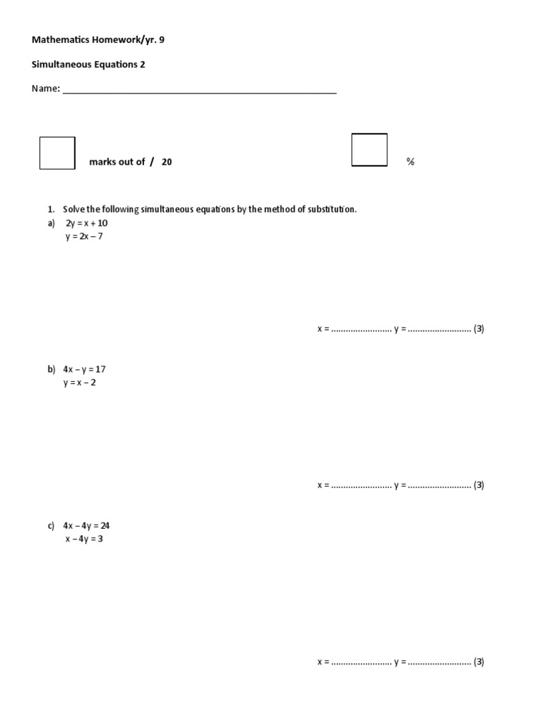 Name: - : Mathematics Homework/yr. 9 Simultaneous Equations 2 | PDF