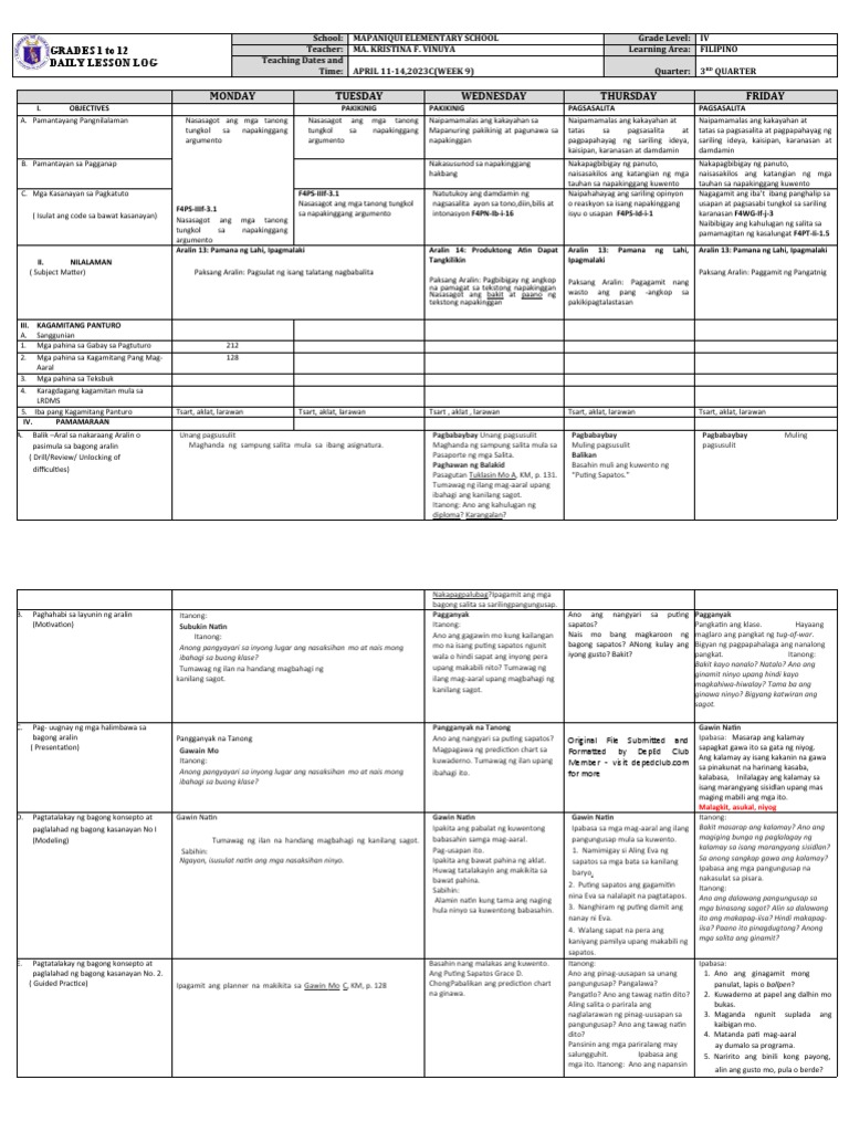DLL - Filipino 4 - Q3 - W9 | PDF