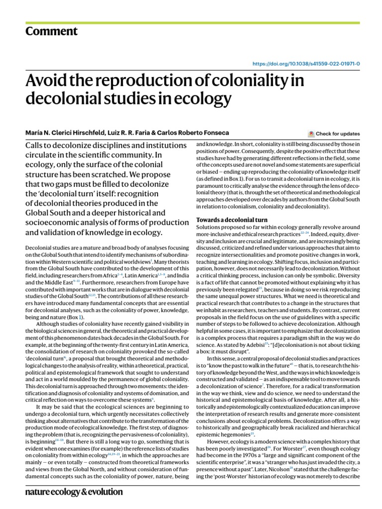 Avoid The Reproduction of Coloniality in Decolonial Studies in Ecology ...