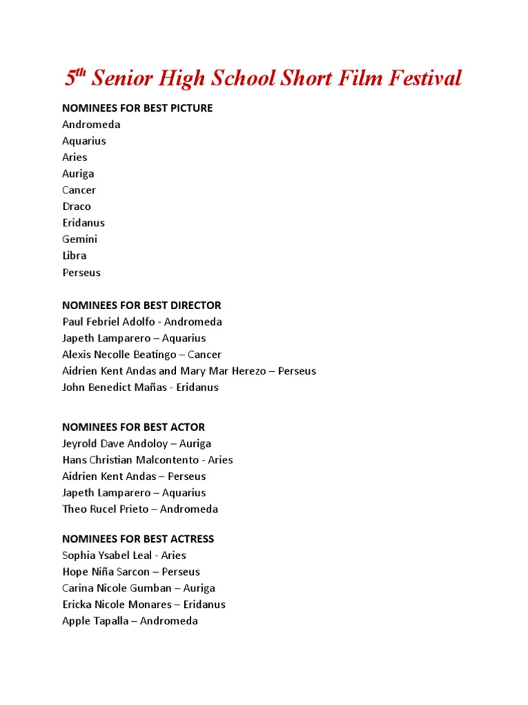 5 Senior High School Short Film Festival: Nominees For Best Picture | PDF