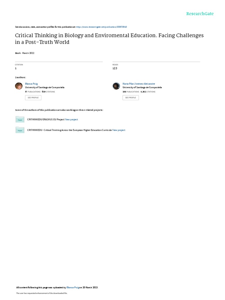 Critical Thinking in Biology and Enviromental Education. Facing Challenges in A Post-Truth World ...