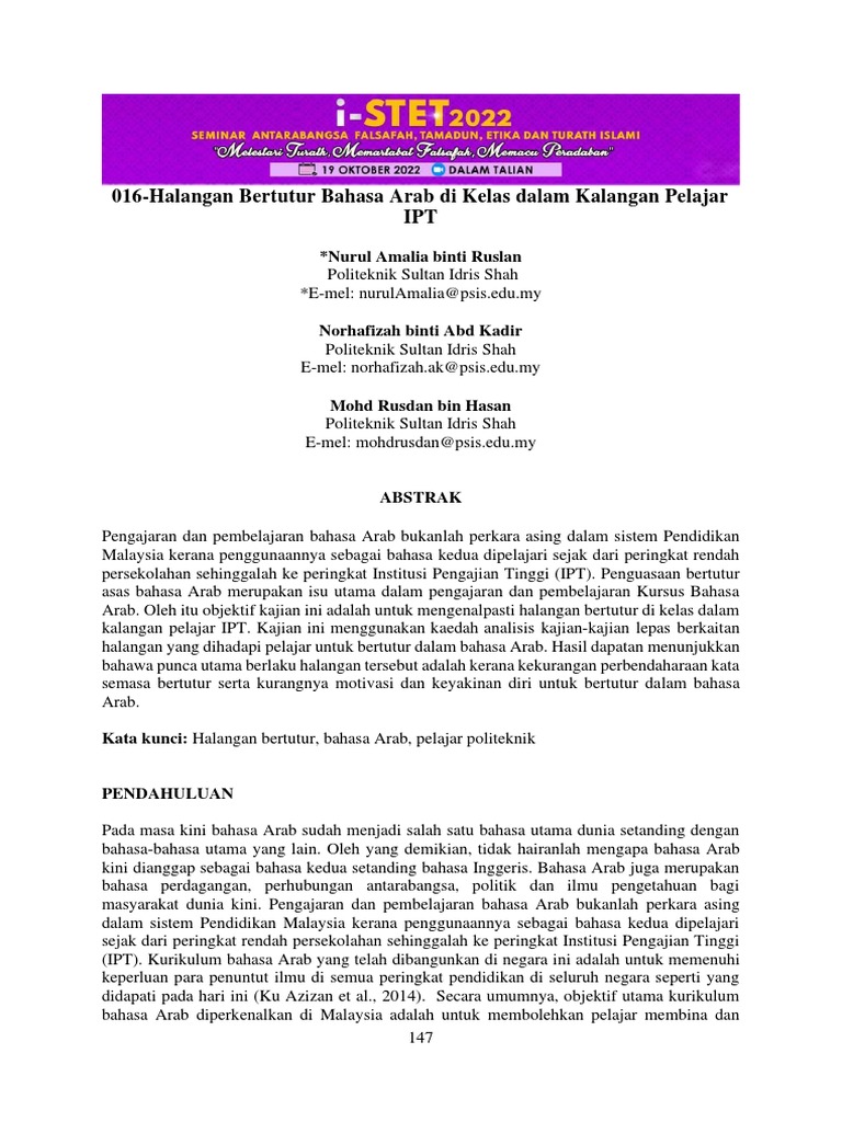 Halangan Bertutur Bahasa Arab Di Kelas Dalam Kalangan Pelajar IPT | PDF