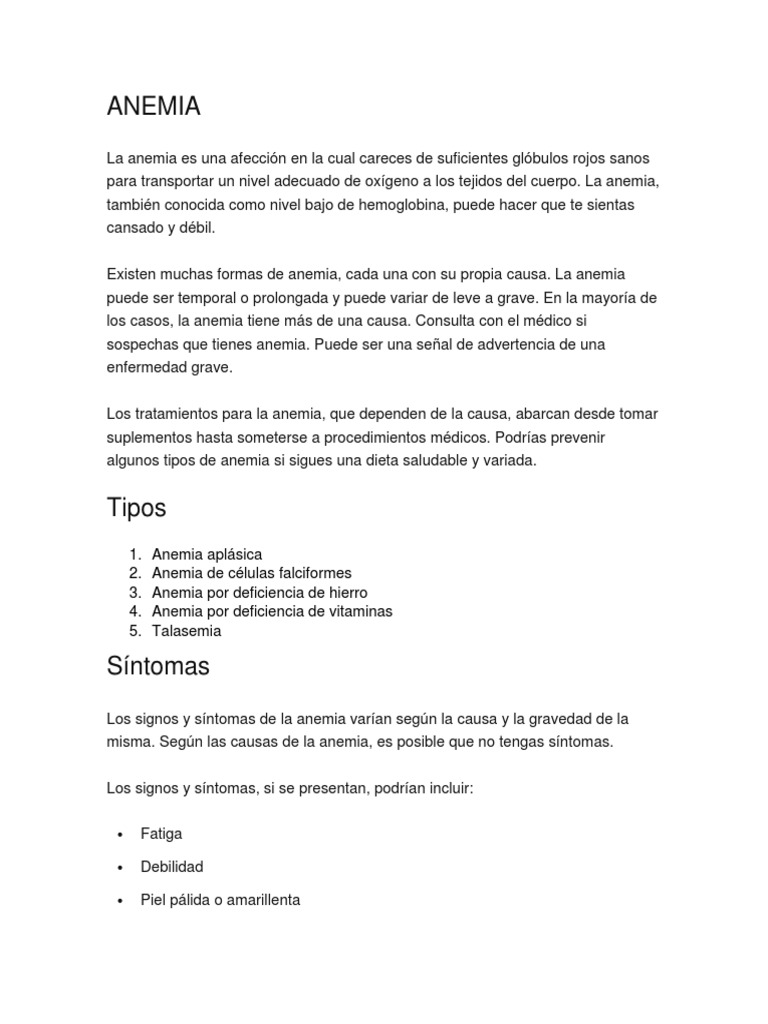 Anemia: Causas, Síntomas y Prevención | PDF | Anemia | Sangre