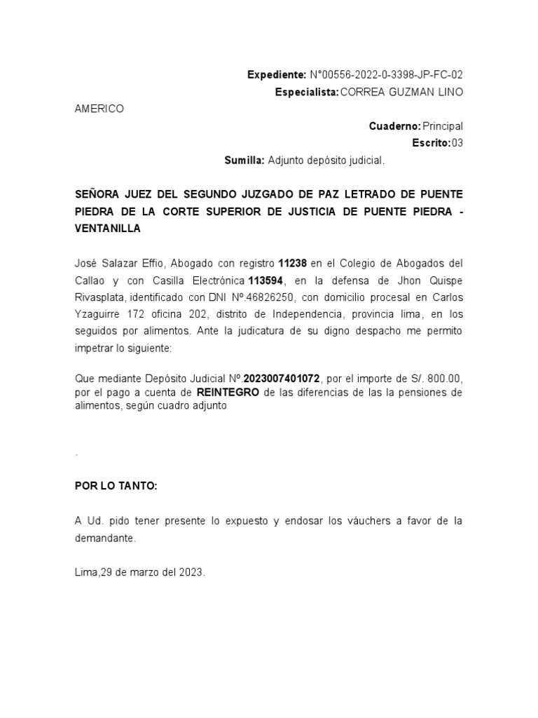 ESCRITO Deposito Judicial-Jhon Reintegro | PDF