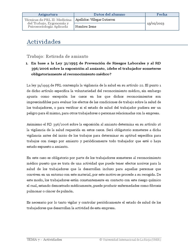 tprl2 - t7 - Act IRENE VILLEGAS | PDF | Amianto | Medicina