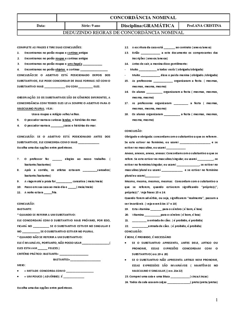 Concordância Nominal COM EXERC | PDF | Adjetivo | Plural