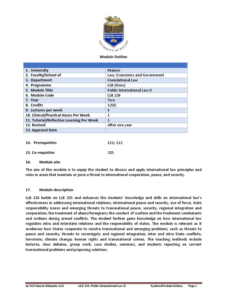 LLB 224 - PIL II - Updated Module Outline - 2023 | PDF | International Humanitarian Law ...